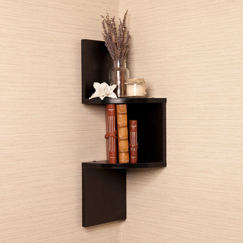 Brown Finish Corner Zig Zag Wallmount Wall Corner Side Shelf decor ...